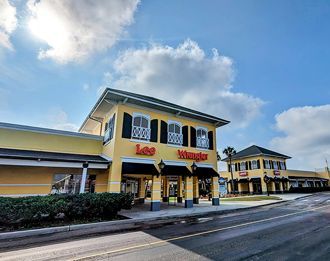 The sunshine-yellow fa&ccedil;ade of Lee Wrangler welcomes bargain hunters like a beacon of hope for your wallet. Southern coastal architecture meets discount denim paradise.