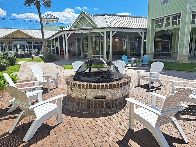 The coastal-inspired architecture of Tanger Outlets welcomes shoppers with Adirondack chairs around a fire pit&mdash;retail therapy with a side of relaxation.