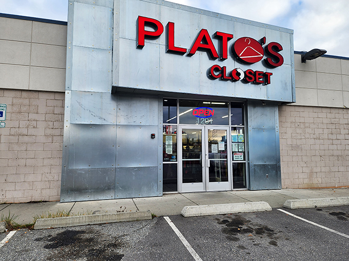 The unassuming storefront of Plato's Closet in Anchorage&mdash;where fashion dreams and budget realities find their happy compromise.