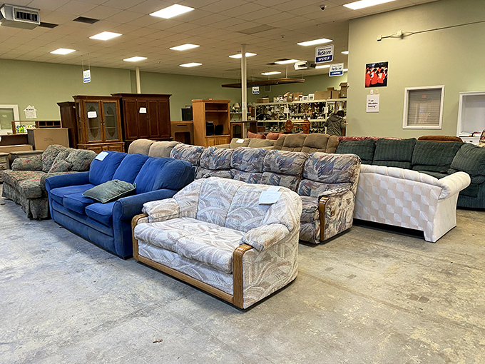 A sofa safari awaits! The ReStore's furniture section offers everything from vibrant blue couches to subtle patterns that whisper, "I've been loved, but I've got plenty more to give."