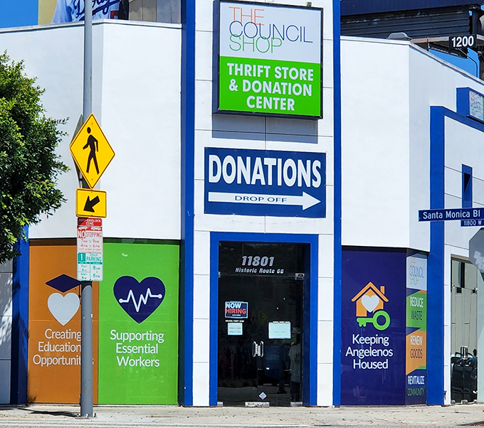 The vibrant exterior of The Council Shop beckons bargain hunters with its colorful mission panels. Shopping with a conscience never looked so inviting!