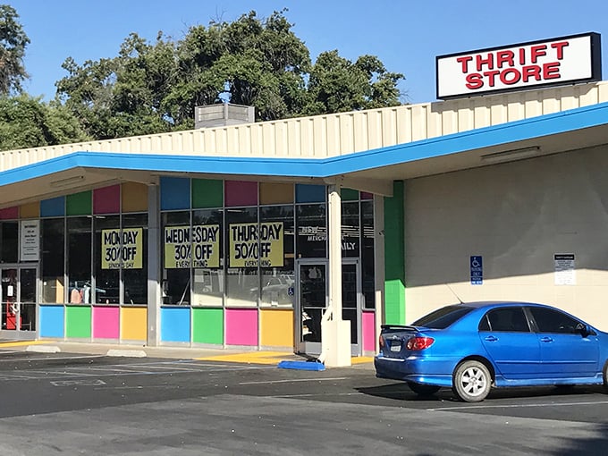 The rainbow-colored storefront of Thrifty Bargain stands out like a Wes Anderson film set in Chico, promising treasures within those colorful walls.