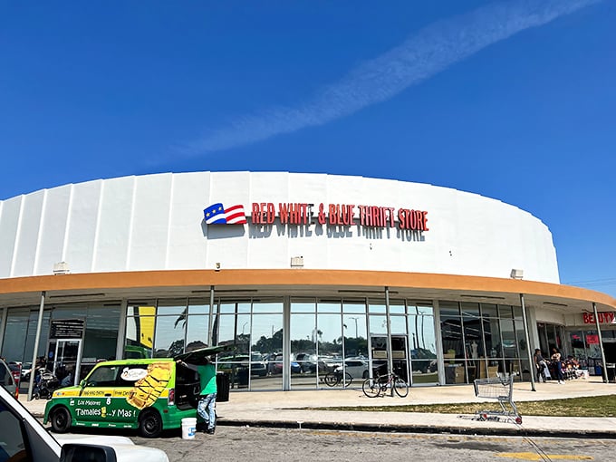 A packed parking lot tells no lies—this patriotically-named treasure dome has clearly earned its reputation among Florida's thrift connoisseurs.