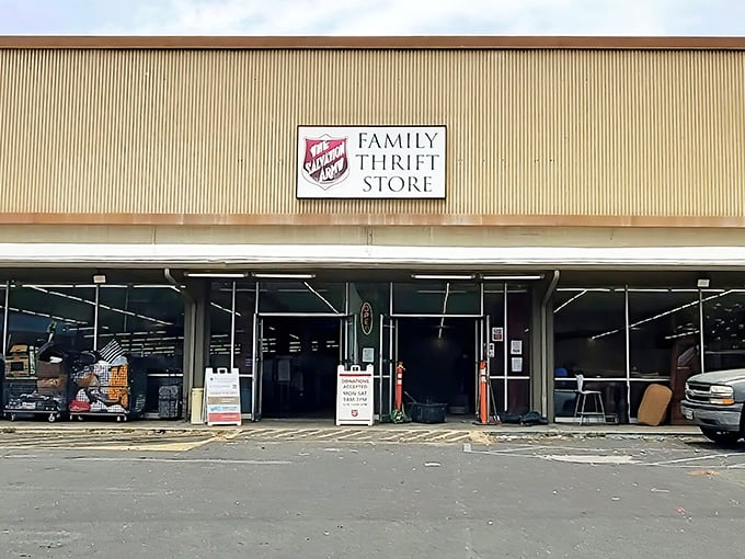 The unassuming exterior of Salvation Army Thrift Store in Kailua&mdash;proof that paradise's best bargains often hide behind the simplest facades.