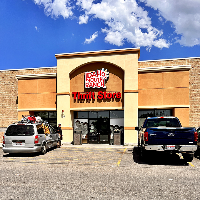 The storefront beckons like a budget-friendly beacon of hope under that gorgeous Idaho sky.