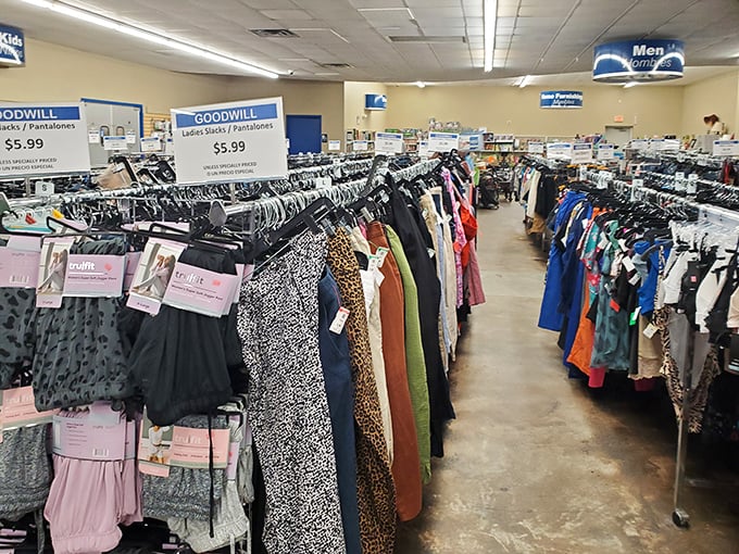 The unassuming exterior of Gonzales Goodwill hides a universe of bargains within, like a pirate's treasure chest disguised as a suburban building.