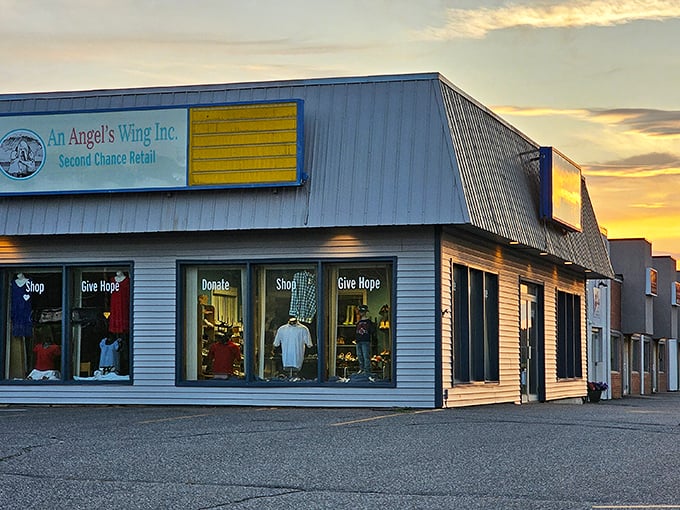 Sunset shopping at its finest! An Angel's Wing stands against a golden Maine sky, promising treasures inside that are as beautiful as the view outside.