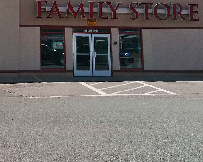 The iconic red "FAMILY STORE" sign welcomes bargain hunters to this thrifting paradise. Like a beacon for budget-conscious shoppers everywhere!
