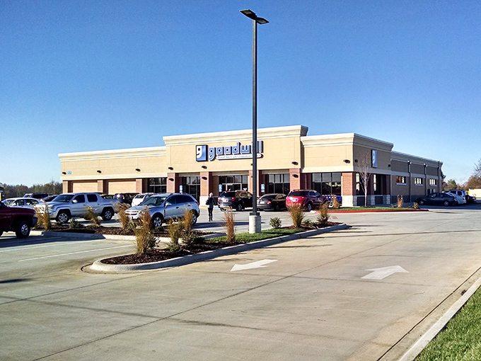 The bold blue Goodwill sign pops against the storefront exterior, hinting at wallet-friendly finds tucked just inside.