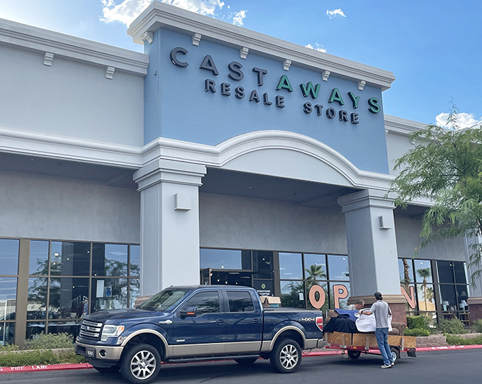 The blue and white facade of Castaways beckons like a retail oasis in the desert. Treasure hunters, your destination awaits!