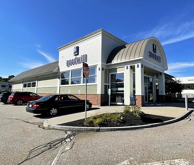 Bathed in New Hampshire sunshine, this Goodwill's architectural charm combines function with a welcoming presence that says "bargains await inside."