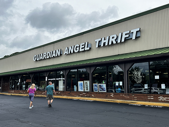 The unassuming exterior of Guardian Angel Thrift Store belies the wonderland of treasures waiting inside. Thrift nirvana hides in plain sight.