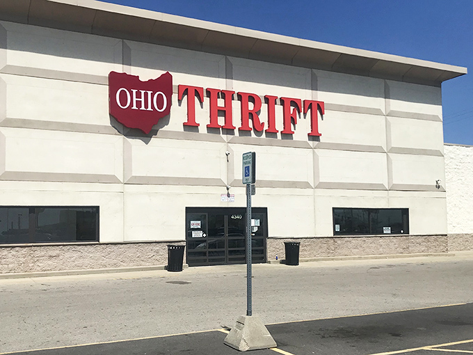 The iconic Ohio-shaped sign welcomes bargain hunters to this treasure trove on West Broad Street. Thrift nirvana awaits inside!