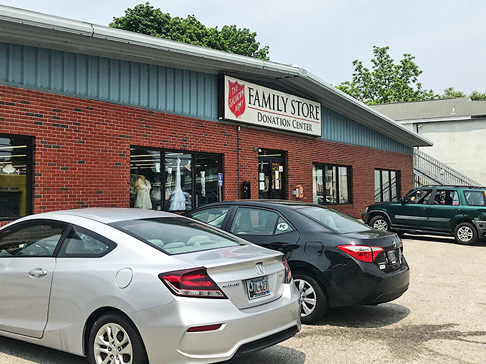 The brick-and-blue exterior of salvation's shopping paradise beckons with its iconic red shield logo&mdash;retail therapy with a side of actual social good.