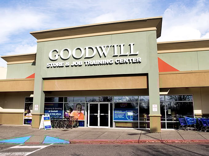 The facade of possibility! Bellingham Goodwill's unassuming exterior hides a treasure trove that would make Indiana Jones rethink his career choices.