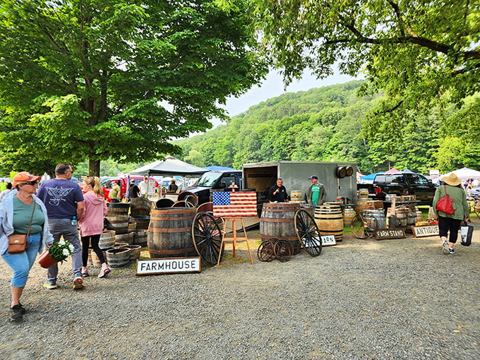 Rustic wooden barrels and farmhouse decor create a nostalgic backdrop against Connecticut's lush Litchfield Hills. Treasure hunting with a view!