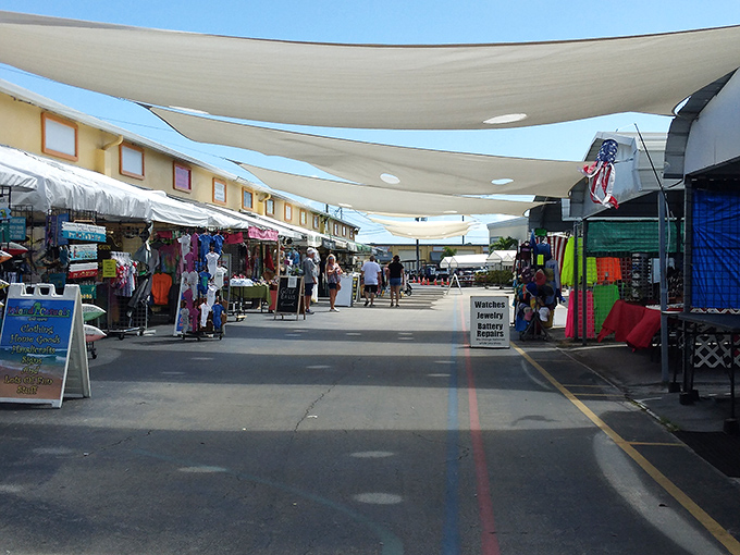 Treasure hunting paradise! Shaded walkways and colorful stalls create the perfect backdrop for Florida's most authentic bargain adventure.