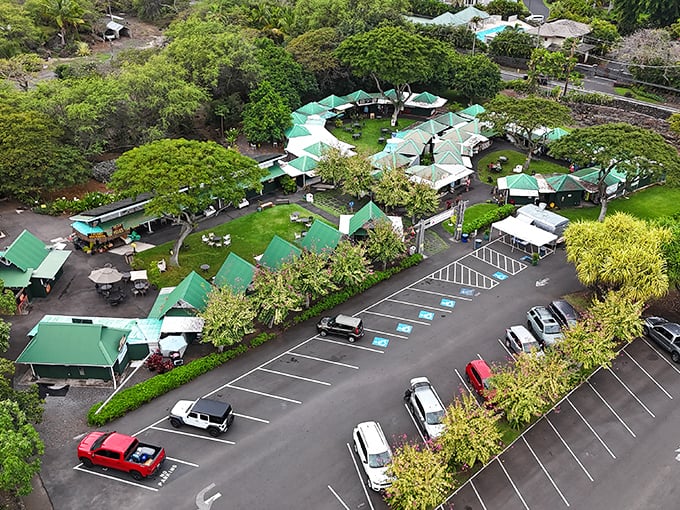 From above, Ali'i Gardens Marketplace resembles a green-roofed oasis nestled among the lava fields, a tropical treasure hunt waiting to happen.