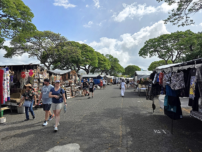 Treasure hunters paradise! The Aloha Stadium Swap Meet stretches out under a canopy of monkeypod trees, creating a bargain-seeker's boulevard that seems to go on forever.