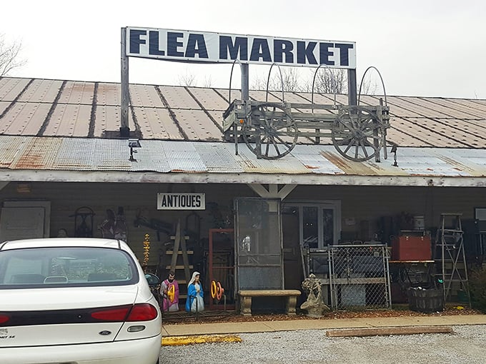 That vintage wagon on the roof promises adventures in bargain hunting that your wallet will actually thank you for.