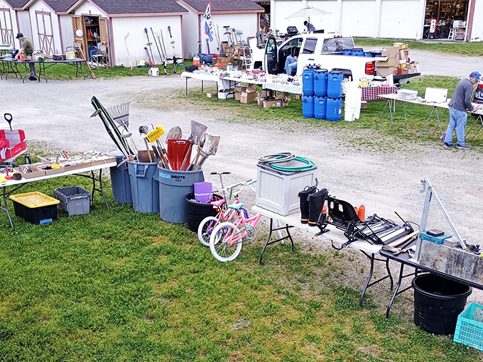 Early morning treasures await as vendors set up their eclectic displays under Indiana's promising sunrise.