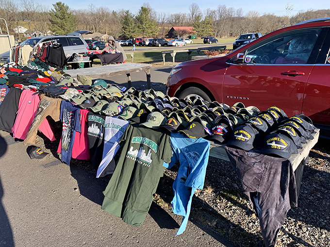 T-shirt paradise! Where else can you find vintage band tees and hometown pride apparel displayed like a colorful roadside gallery?