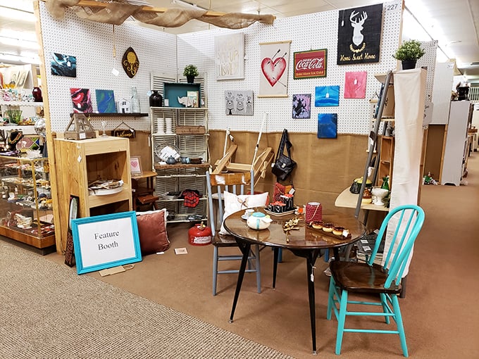 A feature booth that feels like a living room from your favorite eccentric aunt&mdash;turquoise chair included! Treasure hunting never felt so homey.