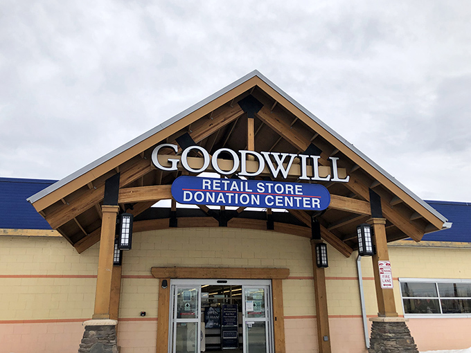 The unassuming exterior of Anchorage's Goodwill hides a treasure trove within, like a pirate chest disguised as an ordinary shipping container.