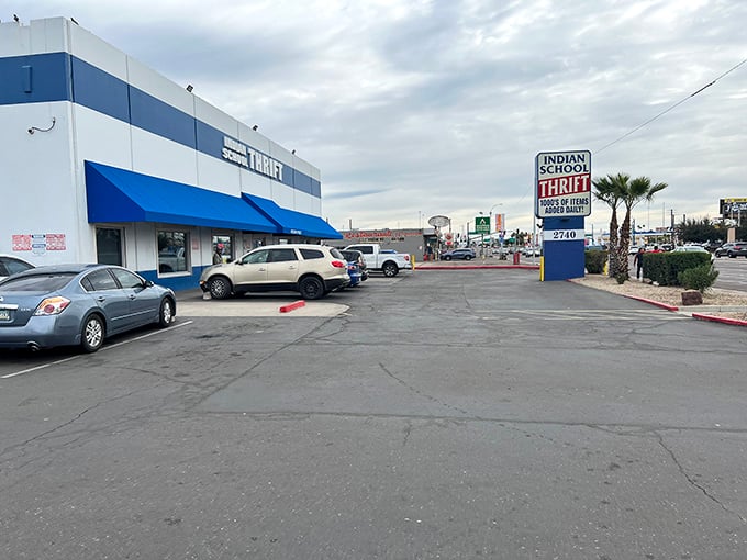 The unassuming exterior with bright blue awnings belies the cavernous bargain universe waiting inside this Phoenix treasure trove.