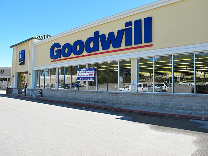 The bright blue Goodwill sign beckons like a lighthouse for bargain hunters. Behind those windows lie treasures waiting to be discovered.