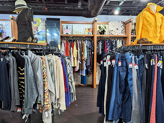 Racks upon colorful racks &ndash; the clothing section at Goodwill Santa Monica resembles a textile library where every garment has a story to tell.
