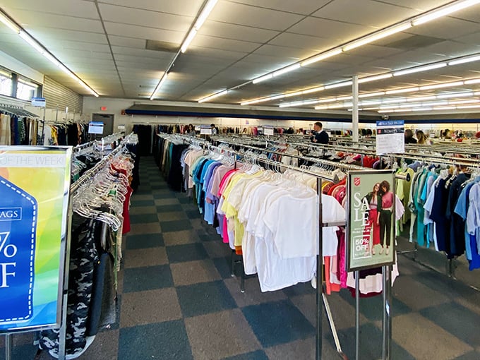 This expansive clothing section is a color-coded wonderland where patient shoppers can mine for everything from basic tees to designer gems hiding in plain sight.