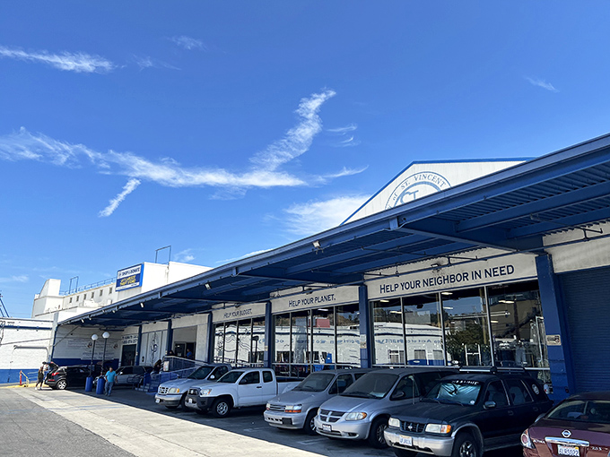 The blue-trimmed exterior promises treasure within, like a humble book cover hiding an epic story inside.