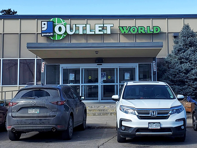 The unassuming exterior of Goodwill Outlet World &ndash; where treasure hunters arrive in vehicles ranging from luxury SUVs to well-loved pickup trucks, all united by bargain fever.
