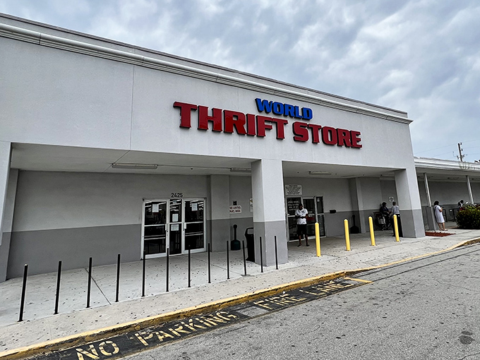 The clean, modern exterior belies the overwhelming abundance of treasures waiting inside this thrift store paradise.