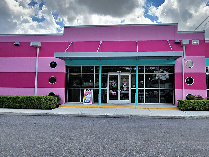 That pink and turquoise exterior isn't shy about announcing itself &ndash; it's the thrift store equivalent of a peacock doing jazz hands.