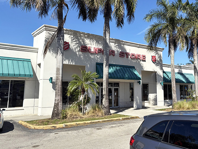 Palm trees frame the entrance to this treasure hunter's paradise, where the "Super Store" sign promises exactly what you'll find inside.