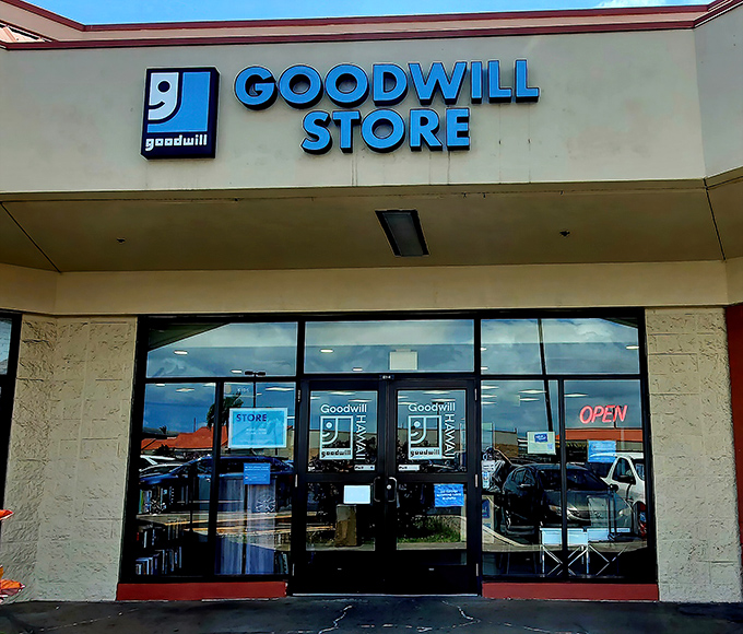 The iconic blue Goodwill sign beckons like a lighthouse for bargain hunters &ndash; paradise found for thrifty shoppers in Waipahu.
