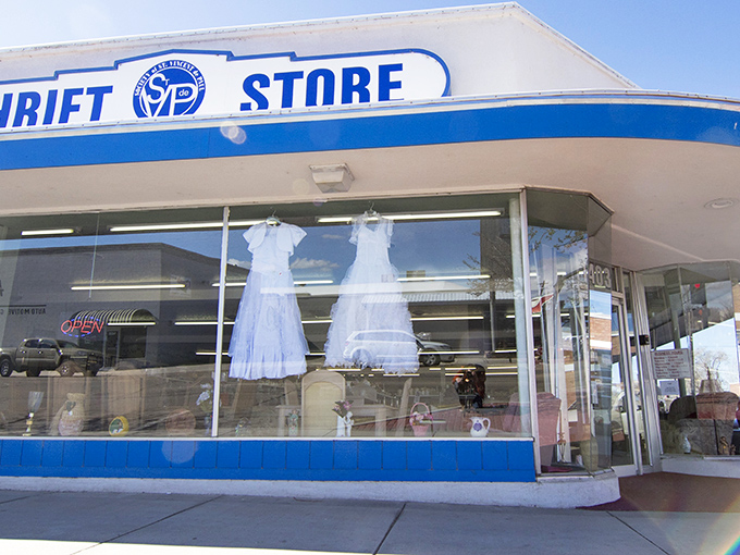 The blue-trimmed fa&ccedil;ade might not scream "retail paradise," but inside awaits a treasure hunter's dream where wedding dresses get second chances at happily-ever-after.