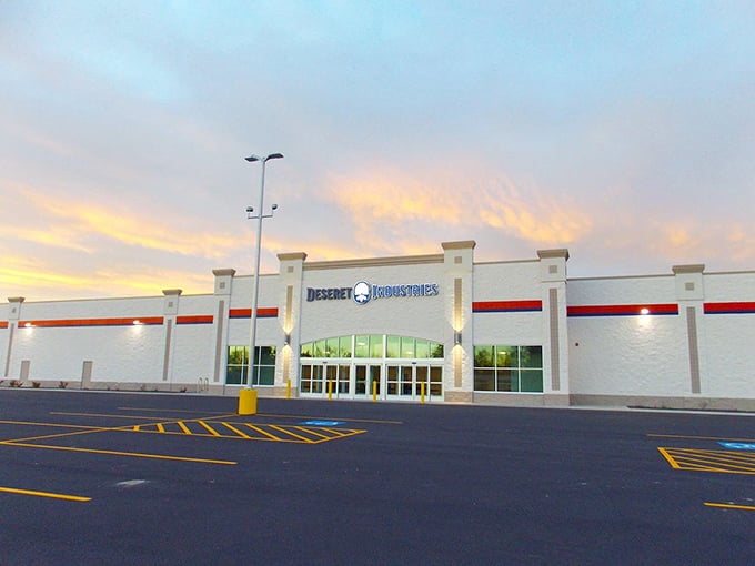 Under moody Idaho skies, Deseret Industries glows with possibility. Even at dusk, the thrill of the hunt beckons shoppers to this thrifting paradise.