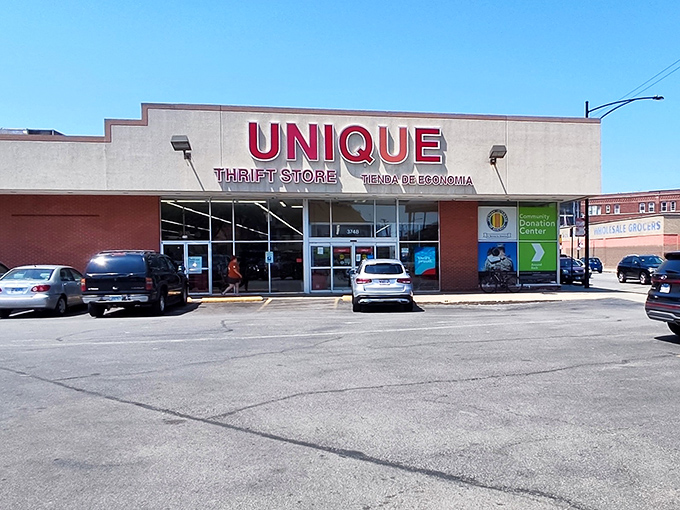 The bold red letters of Unique Thrift Store beckon like a siren song to bargain hunters across Chicago &ndash; treasure awaits behind those sliding glass doors.