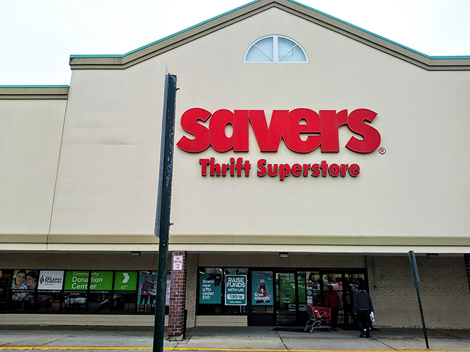 The iconic red Savers sign welcomes treasure hunters to this Hoffman Estates thrift wonderland, where adventures await just beyond those doors.