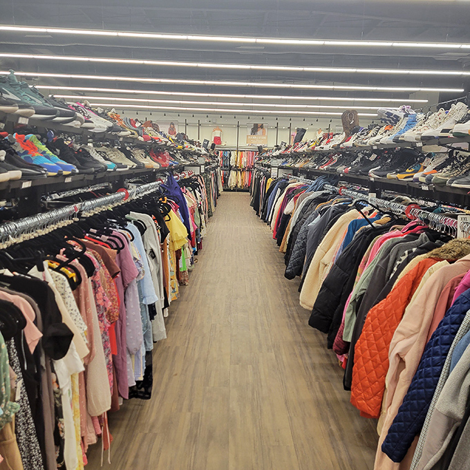 Endless fashion finds await! Browse our colorful racks filled with stylish clothing, shoes, and accessories at unbeatable prices. Happy thrifting awaits you today!