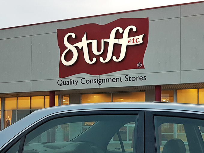 Another view of the iconic red Stuff Etc sign&mdash;like a beacon calling to thrift enthusiasts across the Hawkeye State.