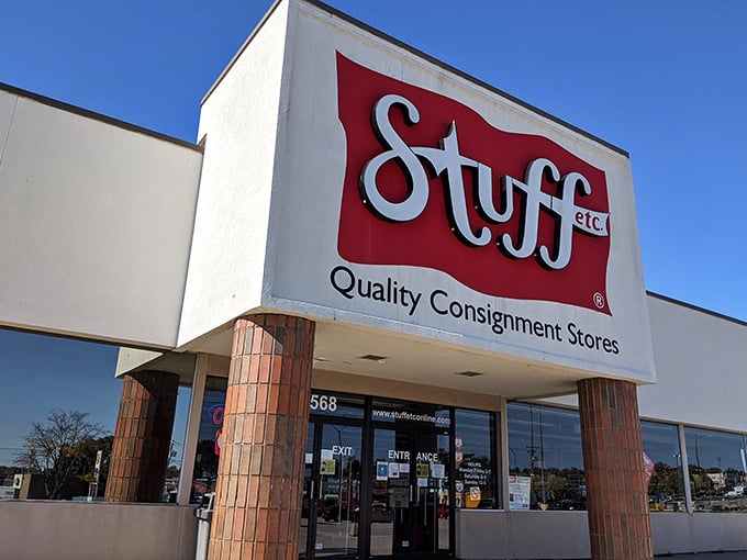 The iconic red and white Stuff Etc sign beckons like a lighthouse for bargain hunters. Quality consignment shopping awaits behind those doors!