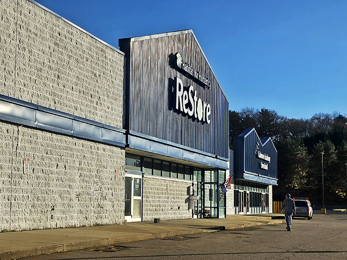 The blue and white exterior promises treasure hunting inside, where every visit reveals completely different discoveries awaiting your cart.