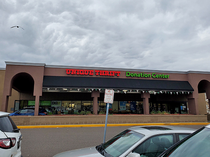 The unassuming exterior of Unique Thrift Store in New Hope belies the treasure trove waiting inside. Minnesota's bargain hunters know this facade means adventure awaits.