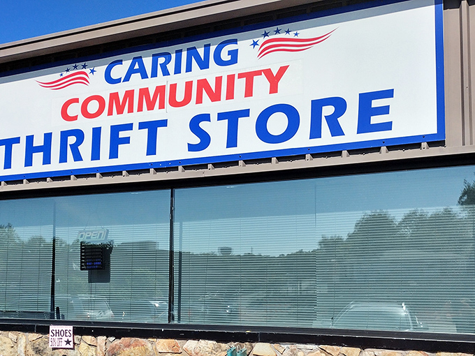 The patriotic signage promises both deals and good deeds. Shopping that helps your wallet and your community? That's a win-win in my book.