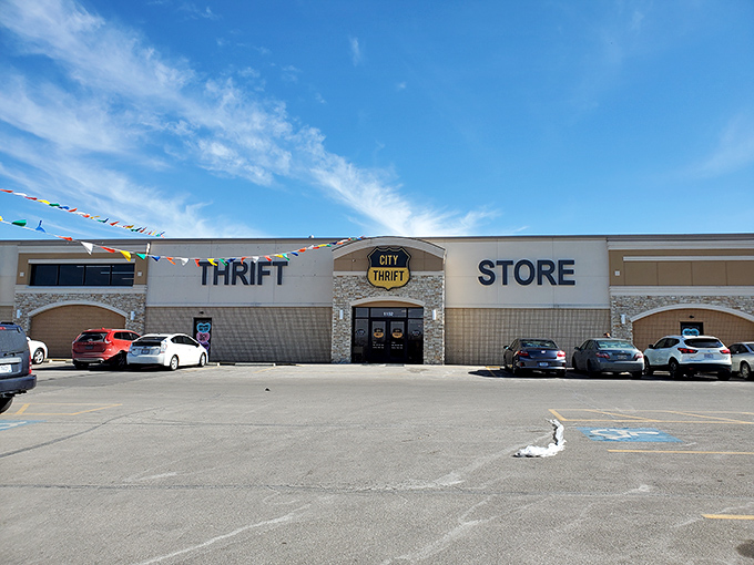 The retail equivalent of a treasure map, City Thrift's unassuming exterior hides a warehouse of possibilities under the bright Missouri sky.