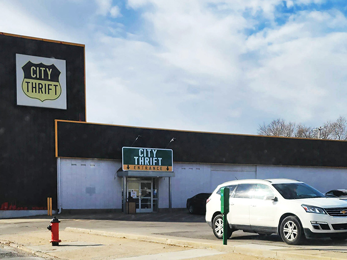 The iconic shield-shaped City Thrift sign welcomes bargain hunters to this Kansas City treasure trove. Like a beacon for the budget-conscious shopper!